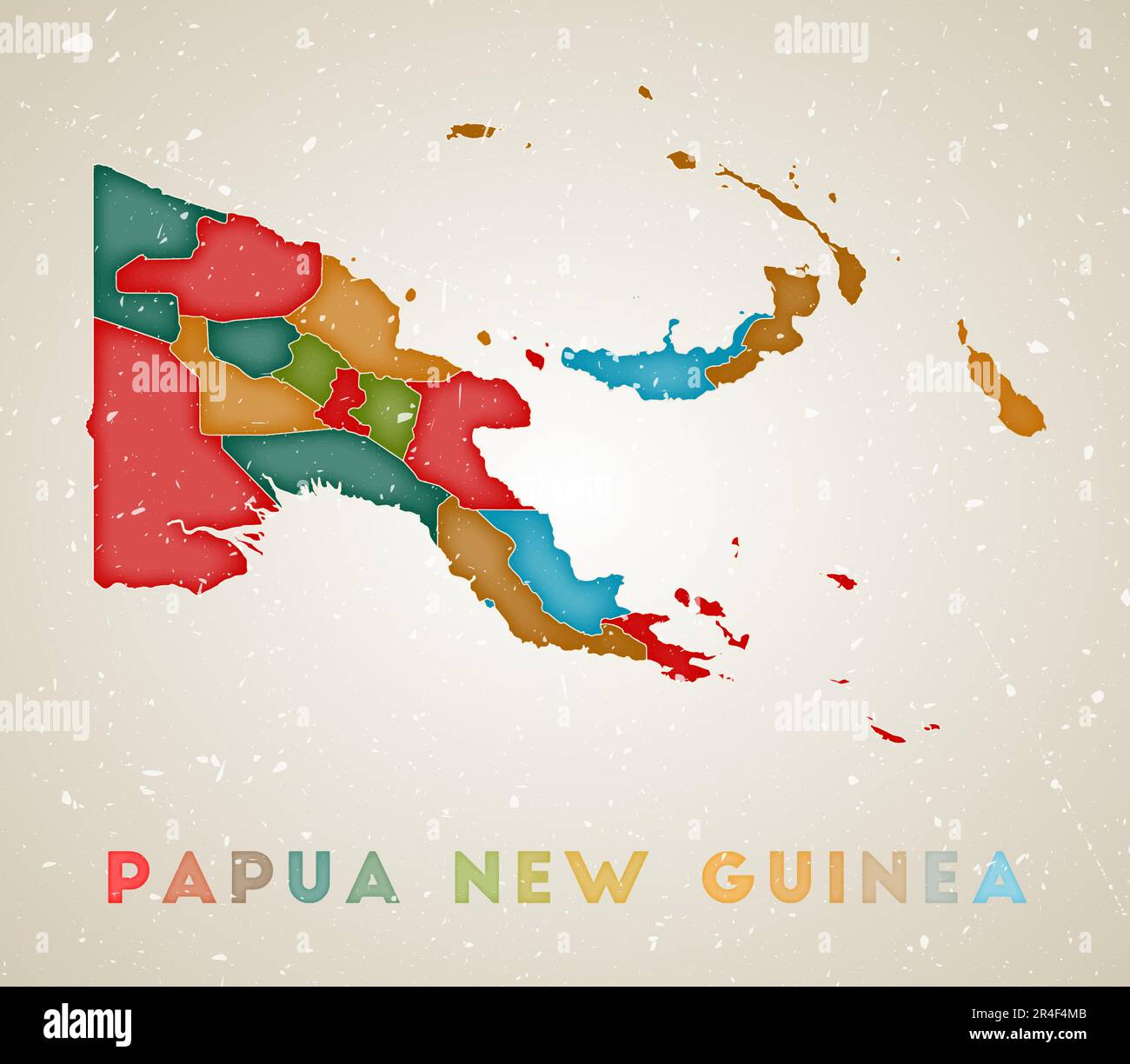 Papua New Guinea map. Country poster with colored regions. Old grunge ...