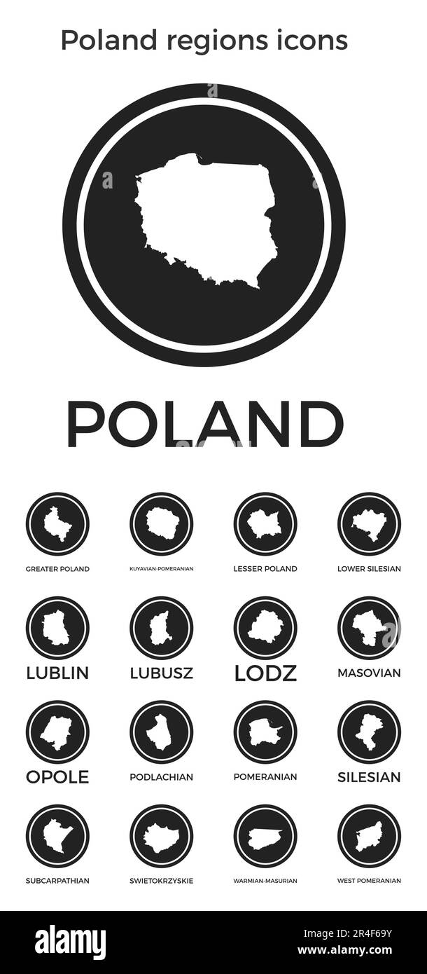Poland regions icons. Black round logos with country regions maps and ...