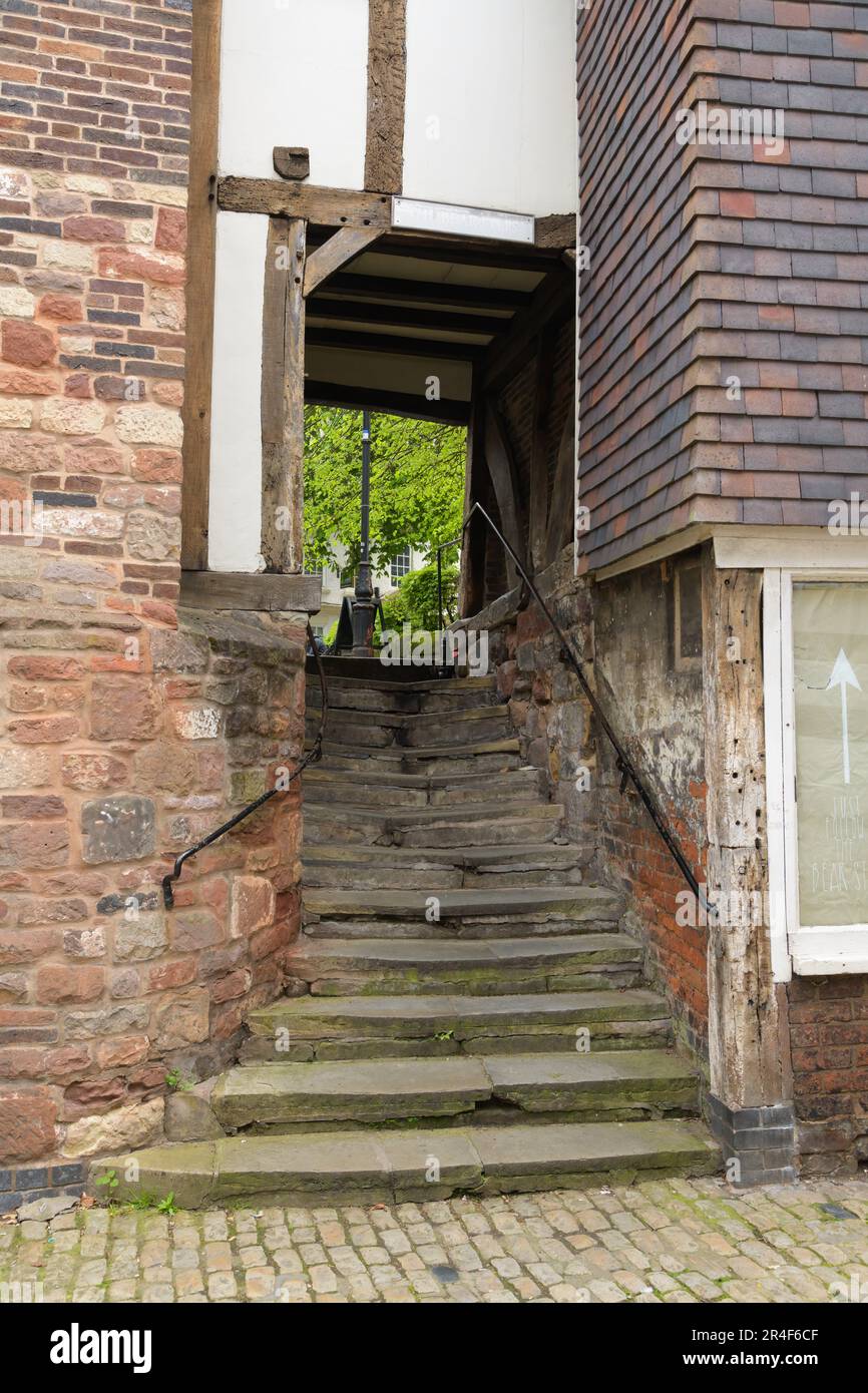Historic Bear Steps leading from Fish Street to St Alkmund's Place in ...