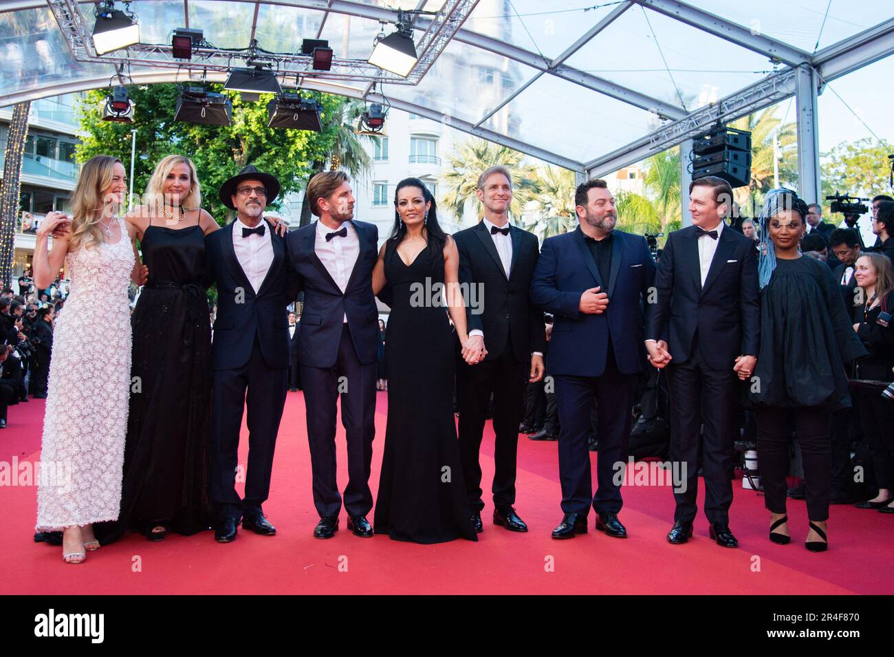 Cannes, France. 27th May, 2023. Jury members Paul Dano, Denis Menochet, Damian Szifron, Rungano ...