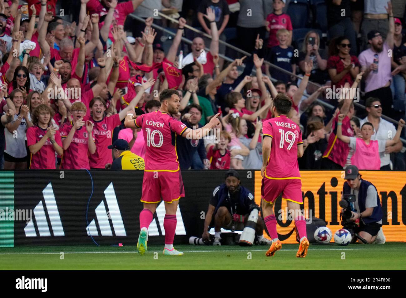 St. Louis City's Eduard Lowen (10) is congratulated by teammate Indiana ...