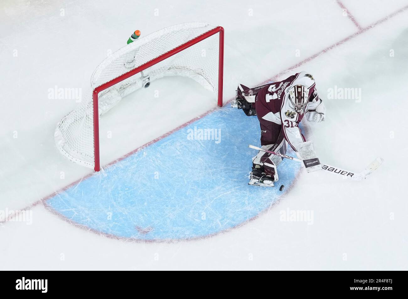 Peterborough Petes goalie Michael Simpson makes a toe-save during ... Peterborough Petes goalie Michael Simpson makes a toe-save during ...
