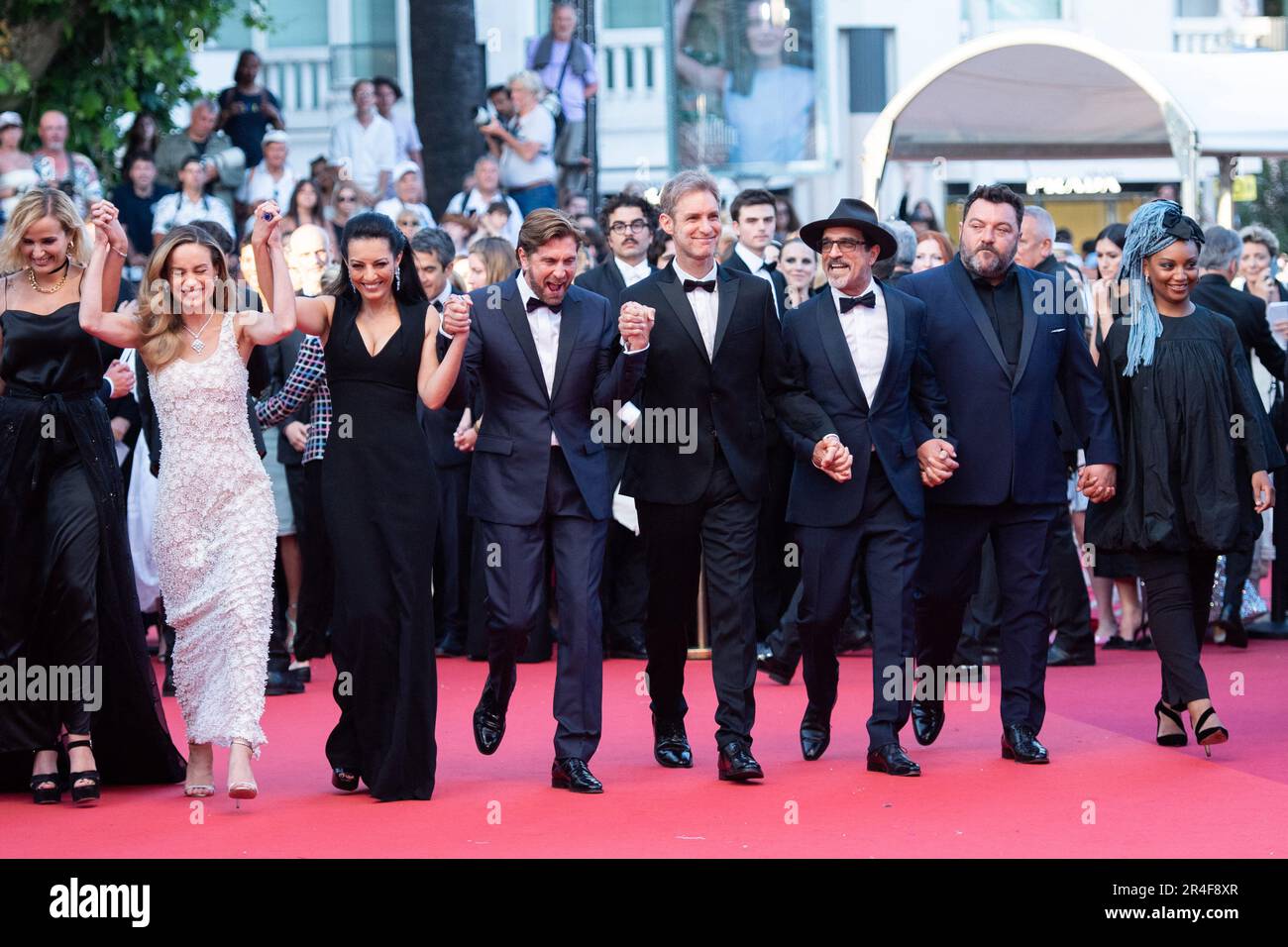 Cannes, France. 27th May, 2023. Jury members Paul Dano, Denis Menochet, Damian Szifron, Rungano ...