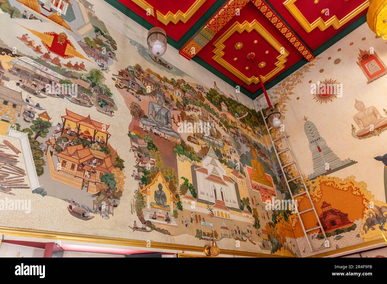 Old traditional wall paintings in ubosot (ordination hall) of Wat ...