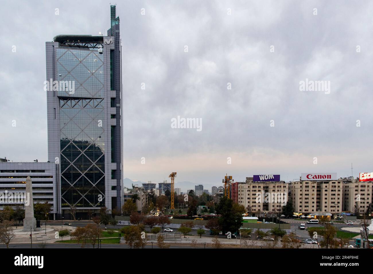 Panoramic view of the Santiago downtown (Plaza Dignidad) during sunset ...