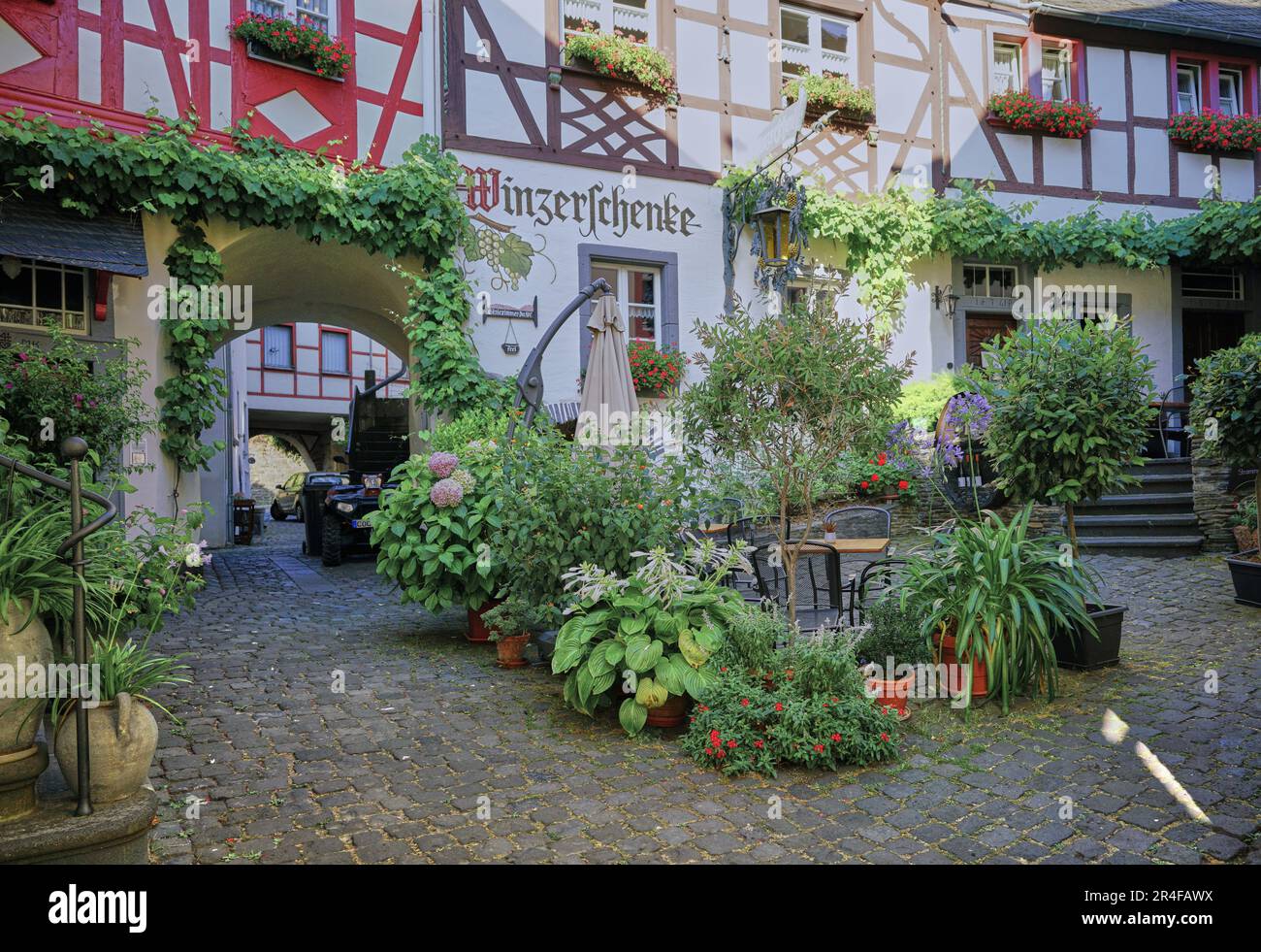 Pretty medieval courtyard in the historic village of Beilstein on the ...