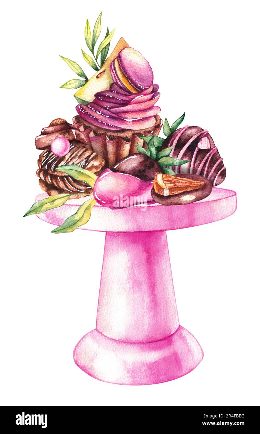 Watercolor pink cake stand with desserts on white background. Isolated ...