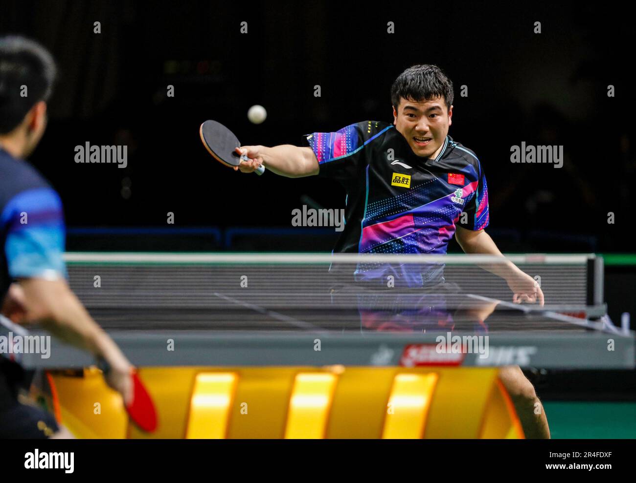 Durban, South Africa. 27th May, 2023. Liang Jingkun of China hits a ...