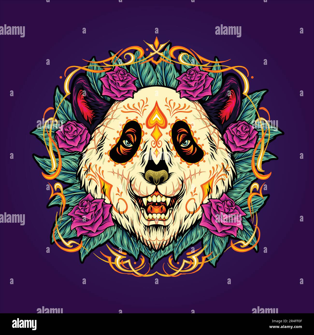 Sugar skull panda head with floral background illustrations vector ...
