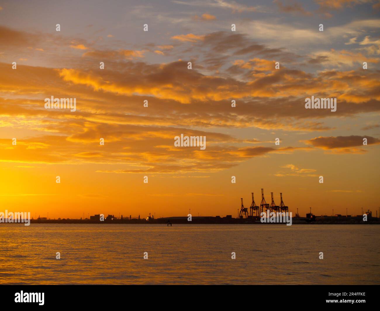 Impact of brilliant morning sunrise over Port of Tauranga container ...