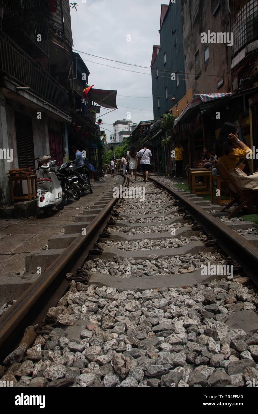 At Hanoi Vietnam on september 2019, railway running through the heart ...