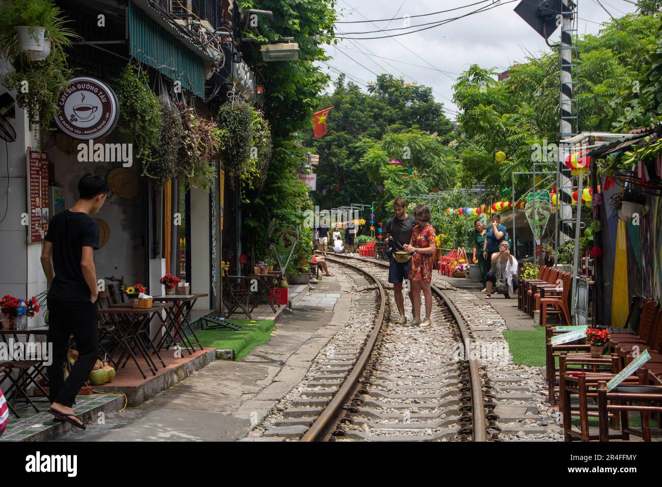 At Hanoi Vietnam on september 2019, railway running through the heart ...