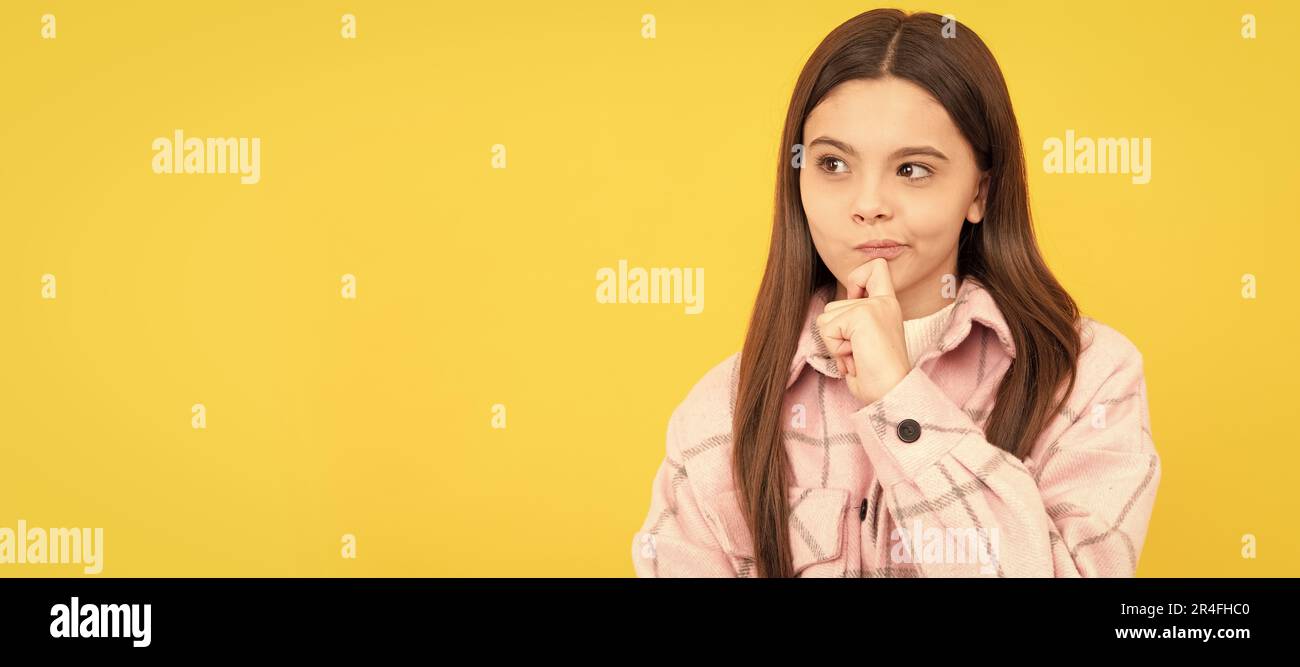 thoughtful look. tween child wear plaid shirt. chequered flannel jacket ...