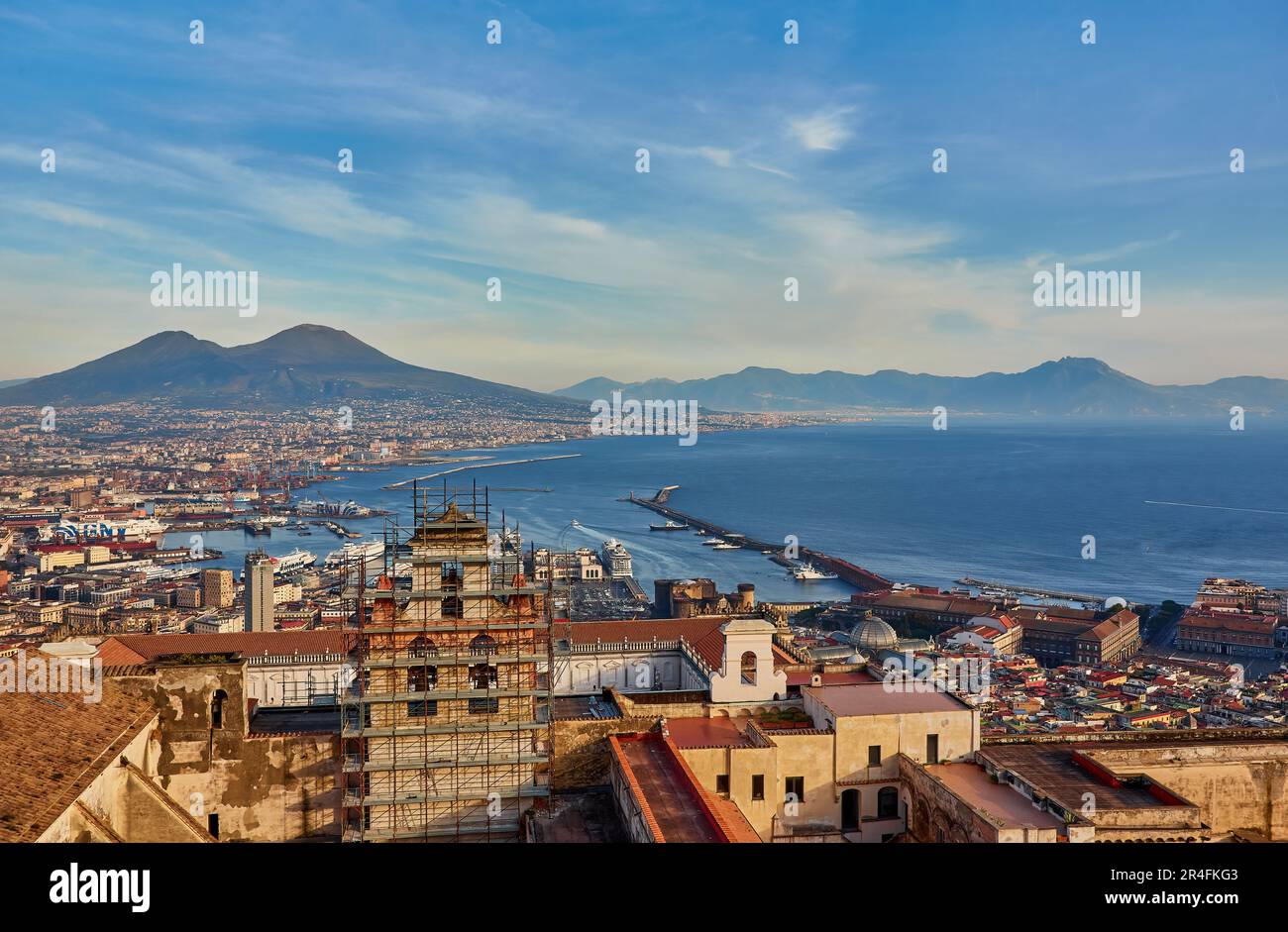 Naples, Italy: Panoramic view of the city and port with Mount Vesuvius ...