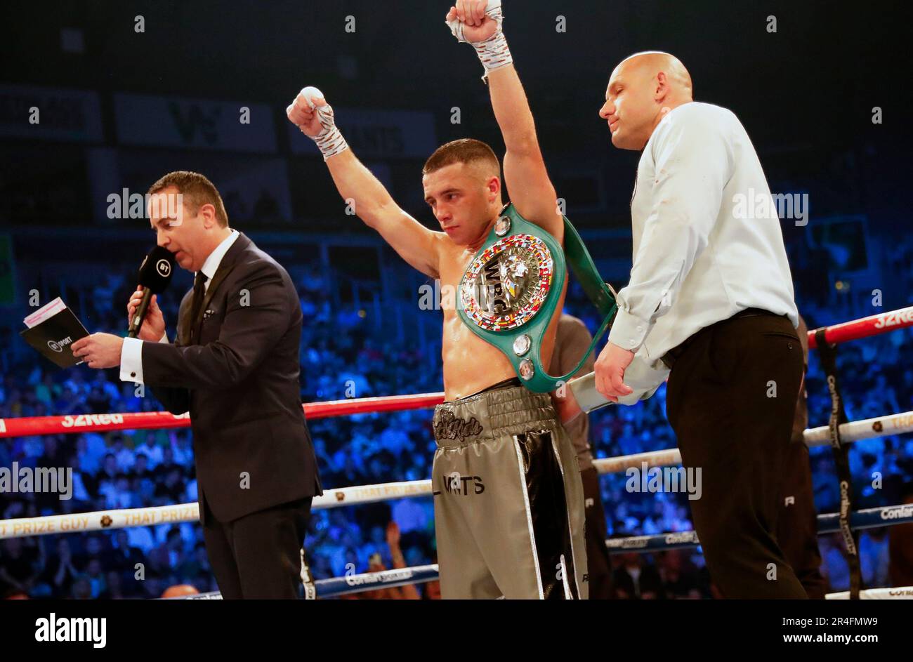 Nick Ball holds his hands up after winning his WBC Silver Featherweight ...