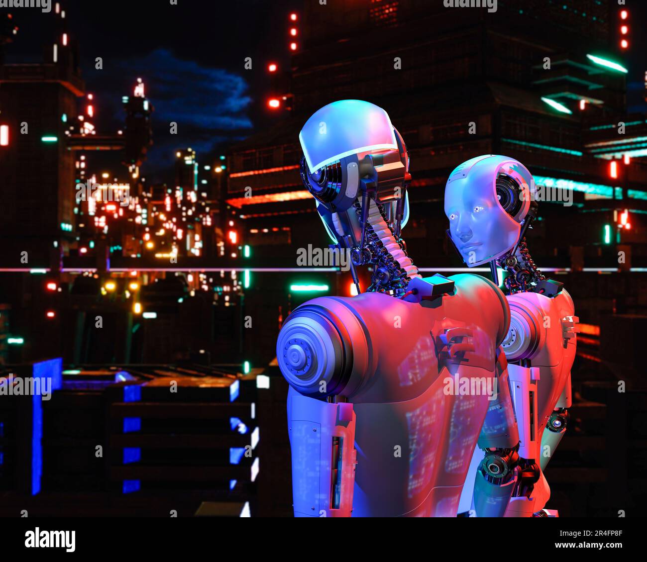 Female and male robots. They are looking at each other in the city night lights background. 3d ...
