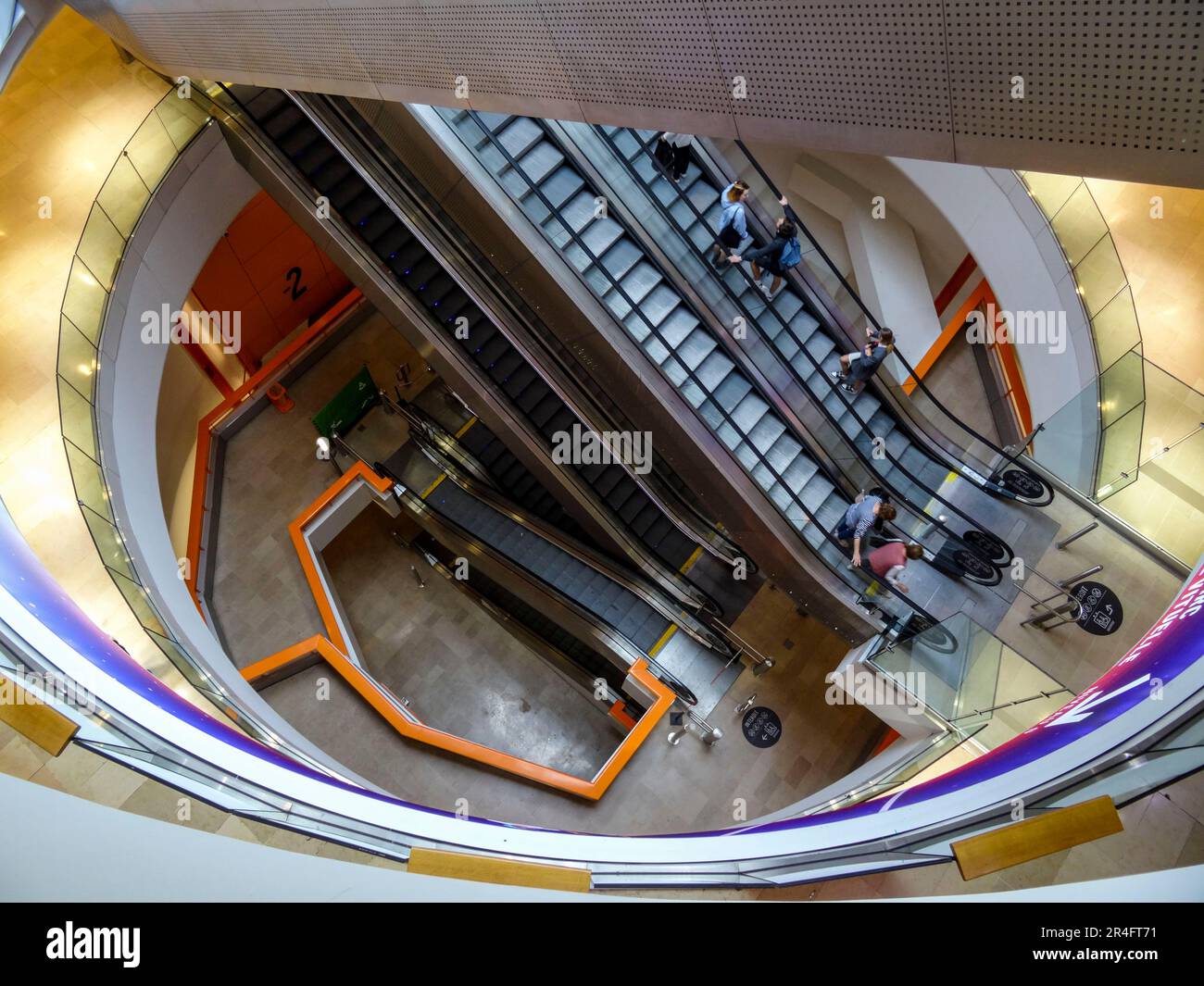 High view architectural detail of stunning escalator in the shopping ...