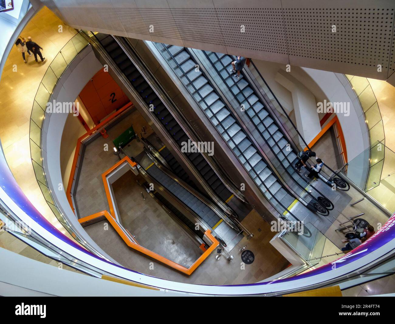 High view architectural detail of stunning escalator in the shopping ...