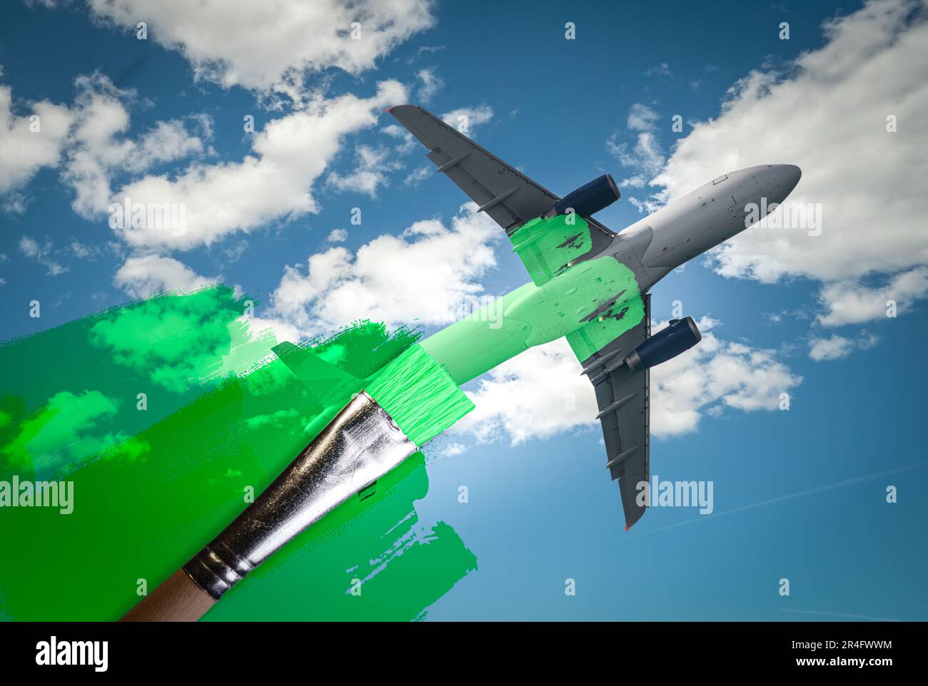 brush painting green an aircraft. Greenwashing malpractice, Zero ...