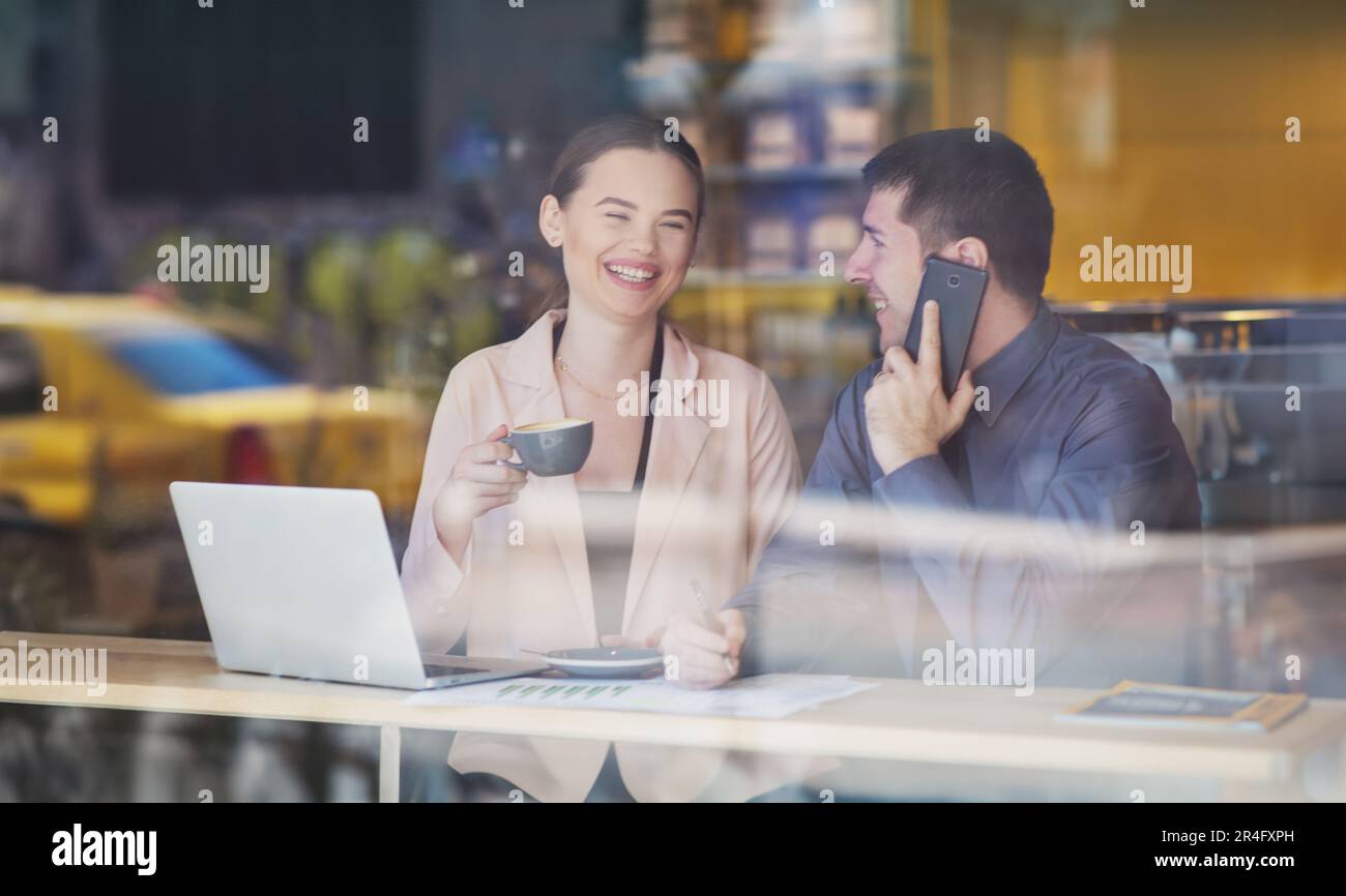 Coffee Shop: Business Professionals Engage in Delightful Chat as Street ...