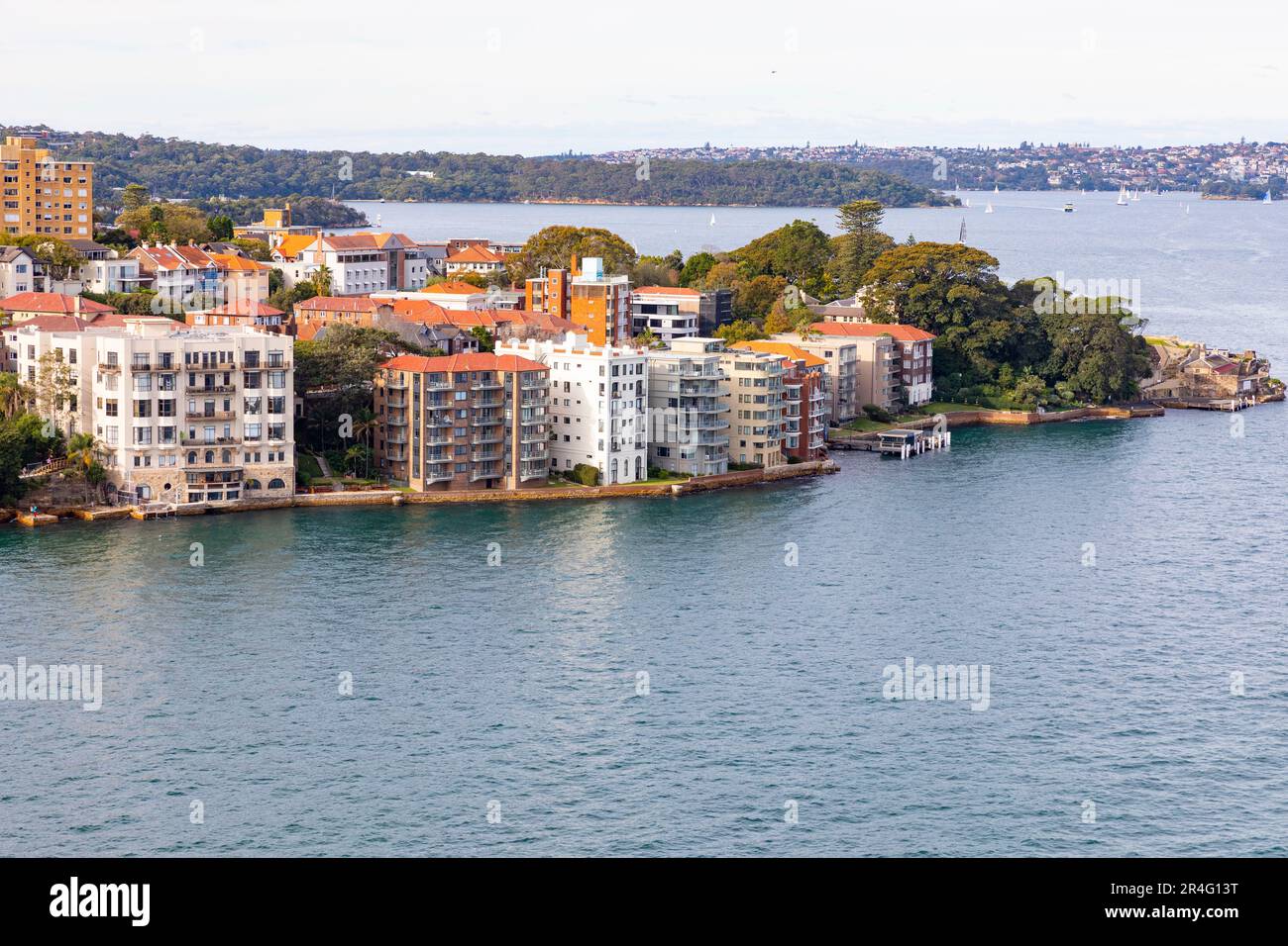 Kirribilli suburb of Sydney on the lower north shore with waterfront apartment buildings with ...