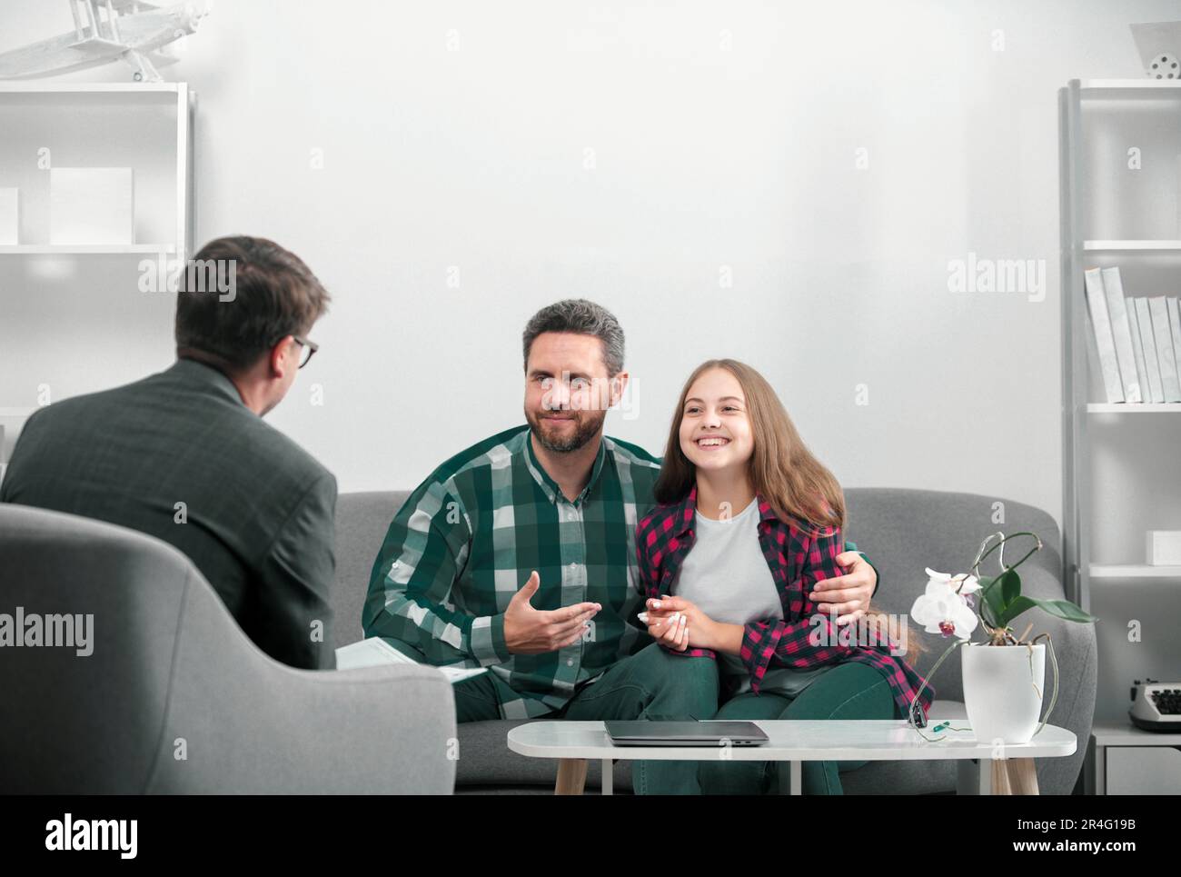 Psychology, mental family therapy, psychologist with father and ...