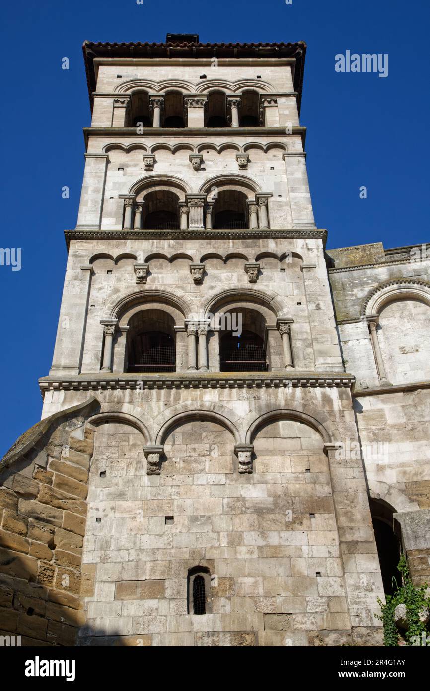 VIENNE, FRANCE, May 26, 2023 : Bell tower of chuch of ancient Abbey of ...