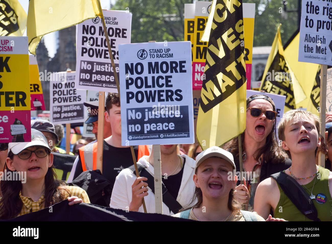 London, UK. 27th May 2023. Protesters march in Parliament Square ...