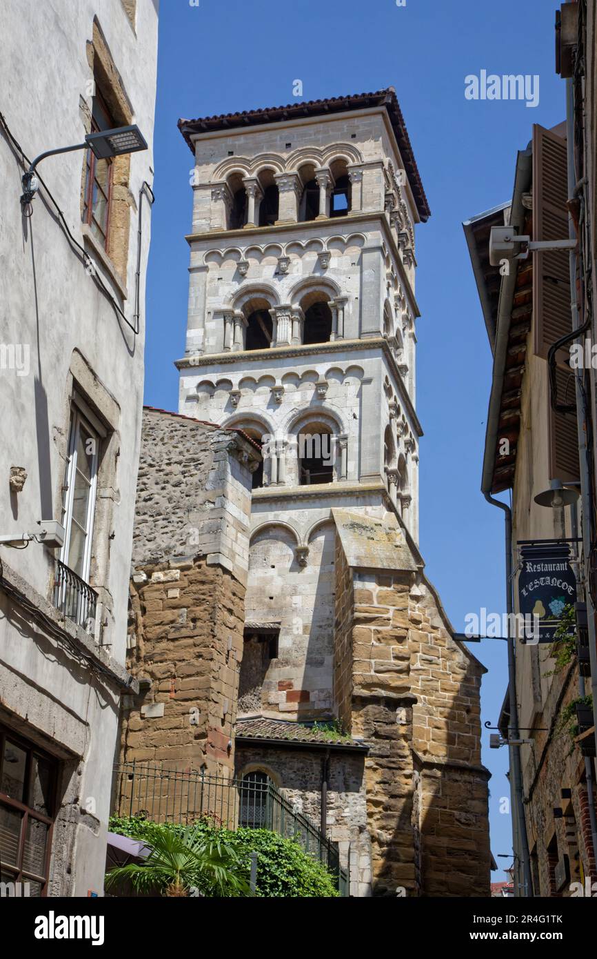 VIENNE, FRANCE, May 26, 2023 : Bell tower of chuch of ancient Abbey of ...