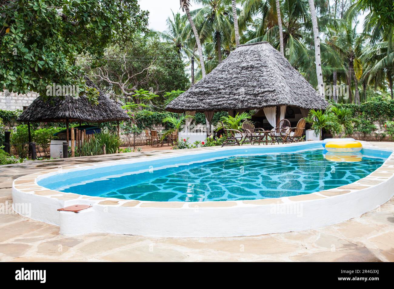 Kenya. Luxury swimming pool in African garden with tipical local chairs ...