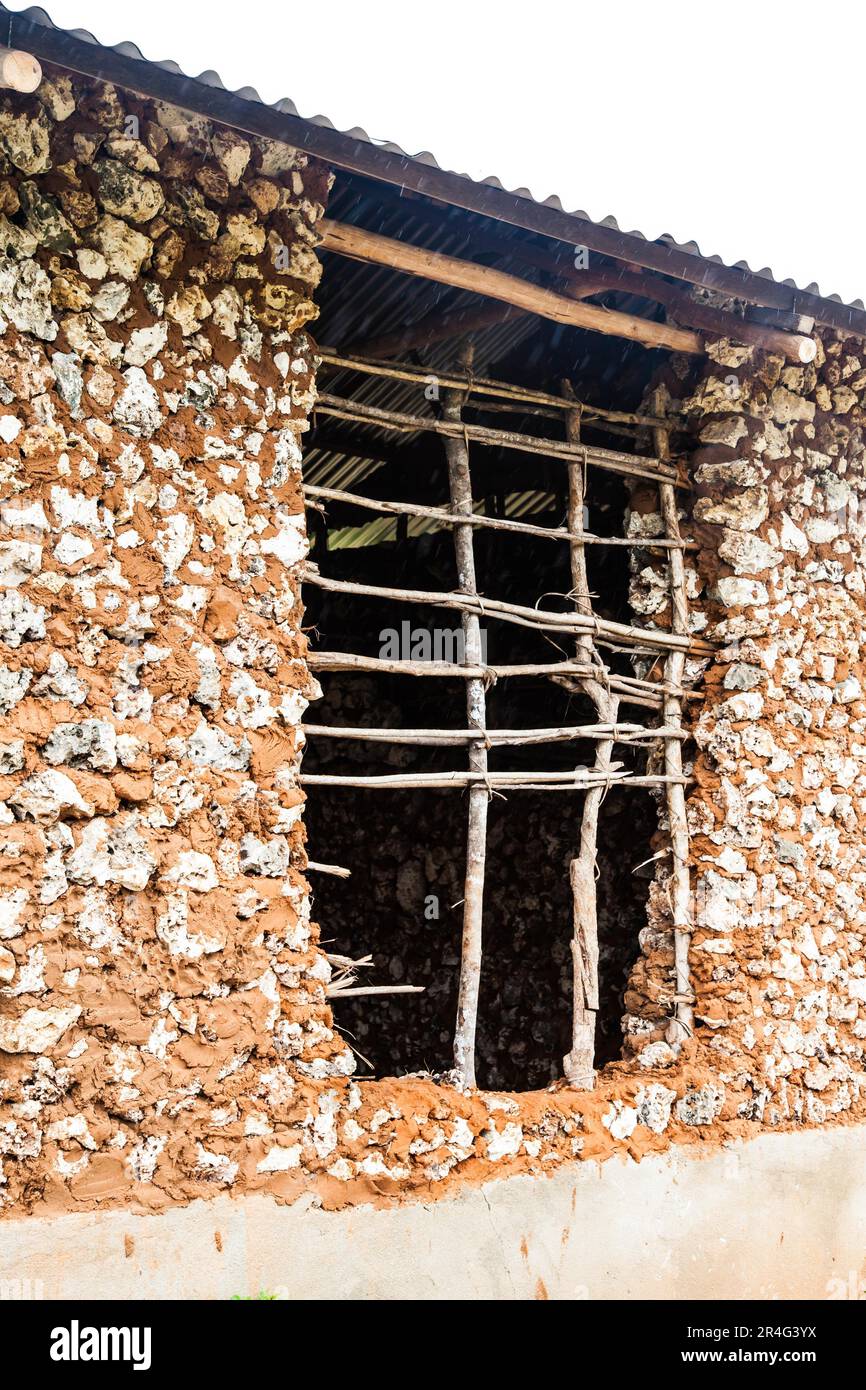 Kenya, Malindi city. Detail of traditional technique for building poor ...