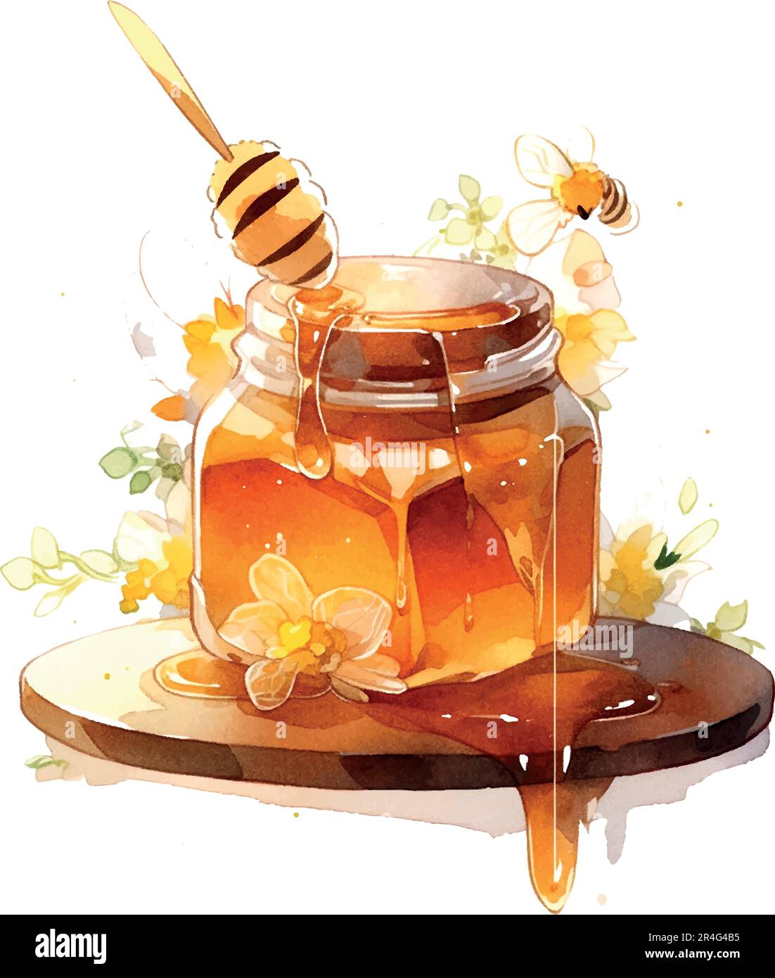 Hand drawn illustration with yellow jar honey watercolor white ...