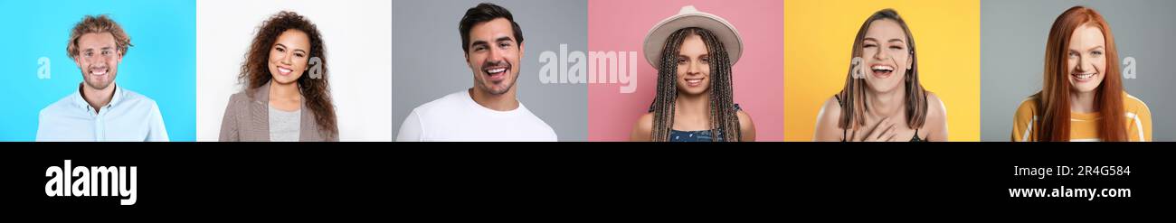Collage with portraits of happy people on different color backgrounds ...