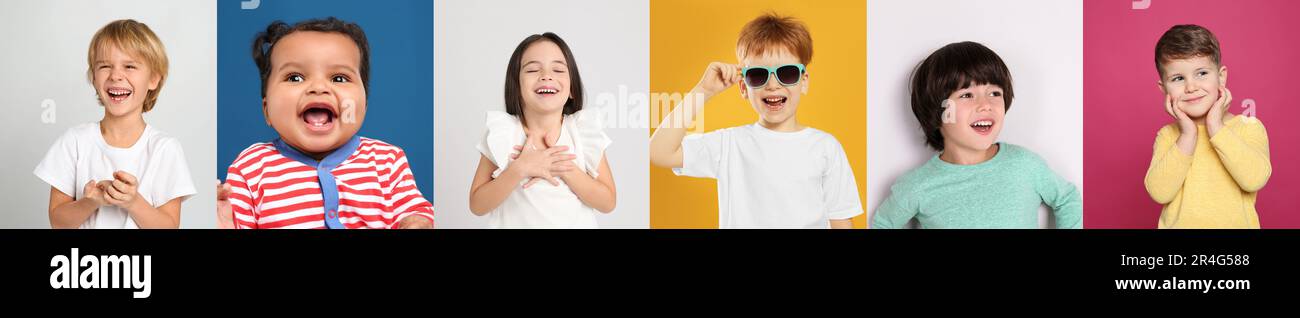 Collage with portraits of happy children on different color backgrounds ...