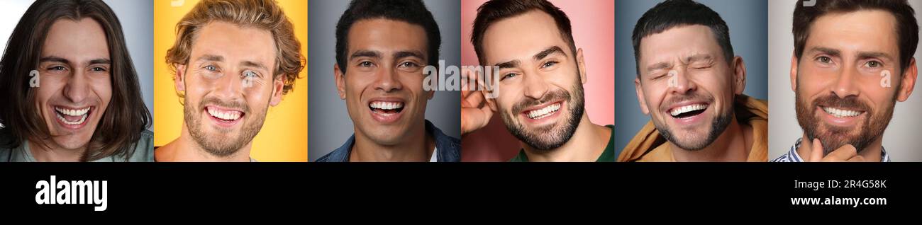 Collage with portraits of happy men on different color backgrounds ...