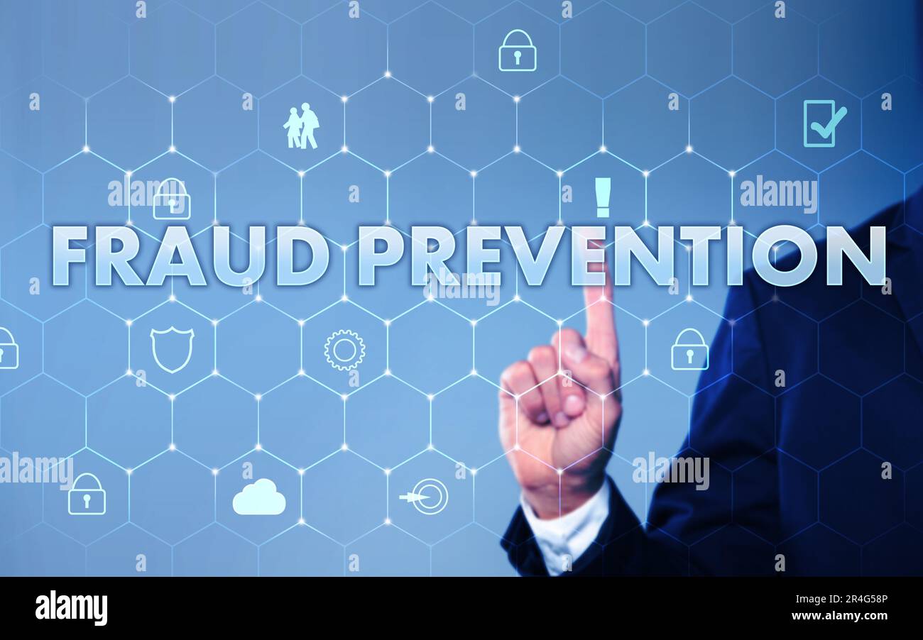 Fraud prevention. Man using digital screen, closeup. Scheme with icons ...