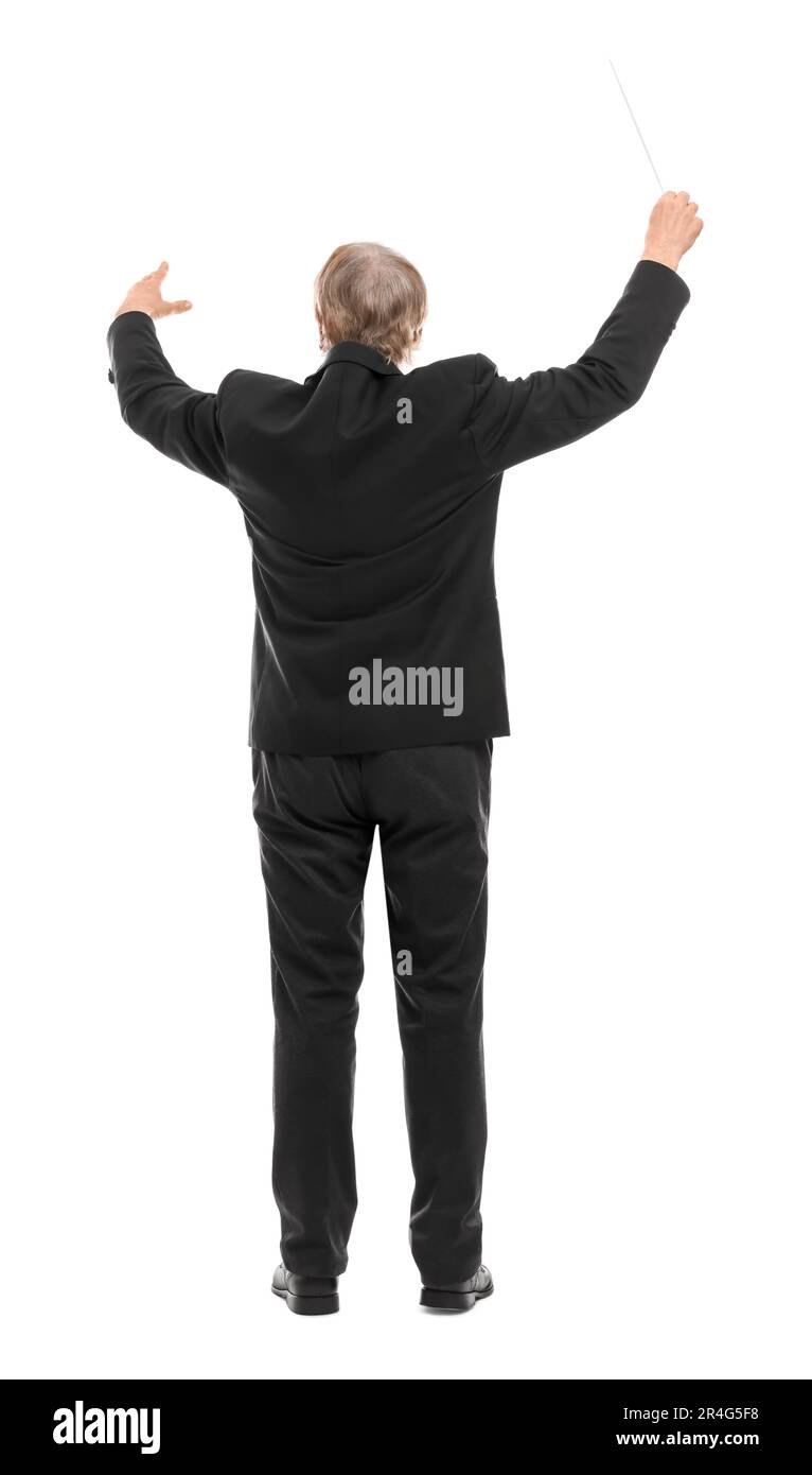Professional conductor with baton on white background, back view Stock ...