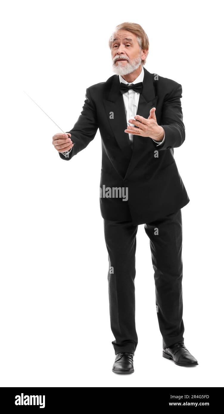 Professional conductor with baton on white background Stock Photo - Alamy