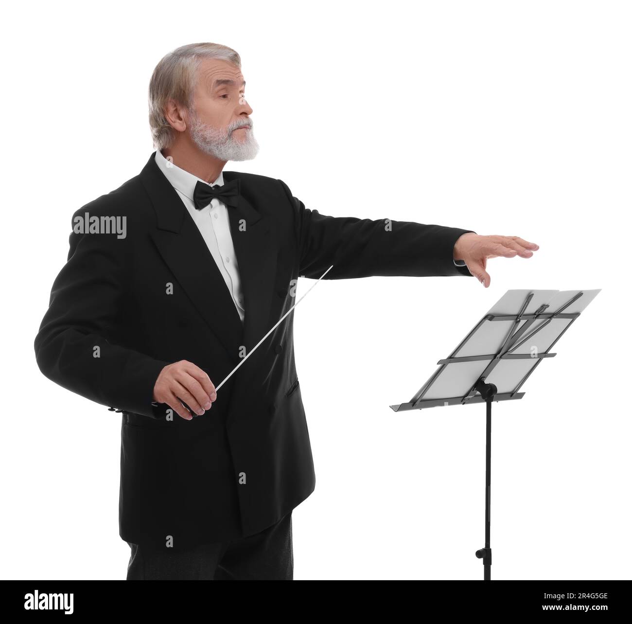 Professional conductor with baton and note stand on white background ...