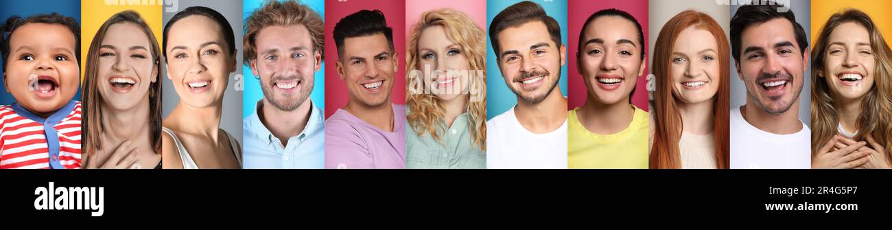 Collage with portraits of happy people on different color backgrounds ...