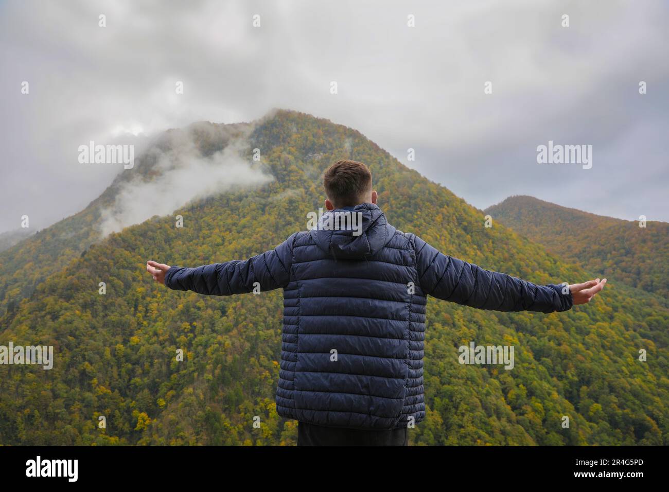 Man enjoying picturesque mountain landscape, back view Stock Photo - Alamy