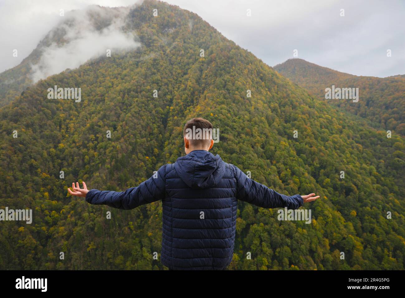 Man enjoying picturesque mountain landscape, back view Stock Photo - Alamy
