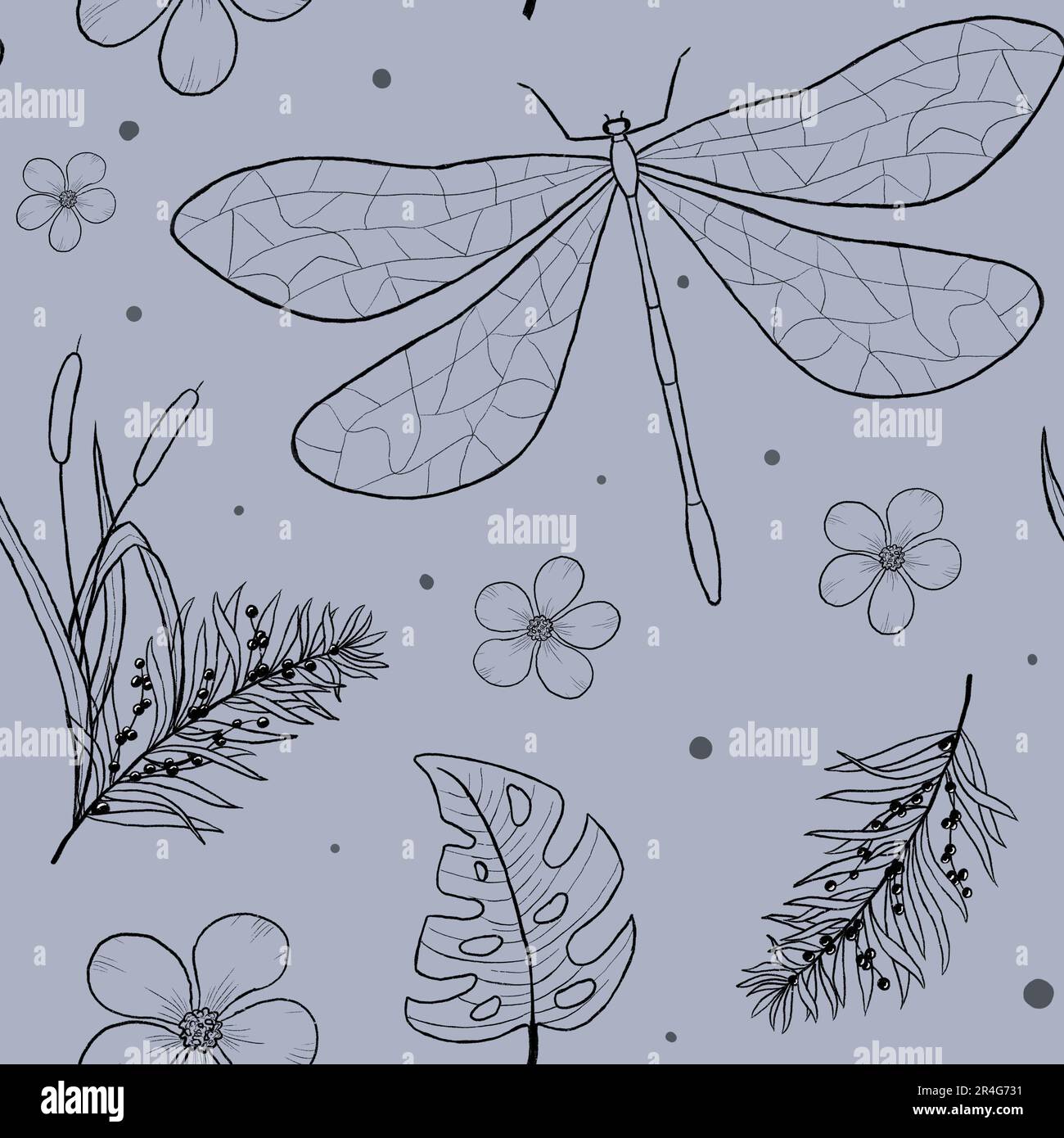 Seamless dragonfly graphic pattern. Dragonflies with flowers, branches ...