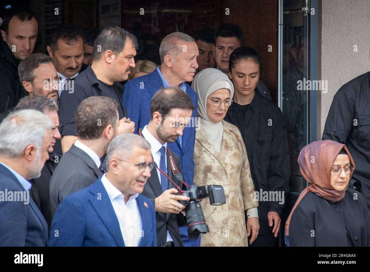 May 28, 2023: Turkish President Recep Tayyip Erdogan departs from a school with his wife Emine ...