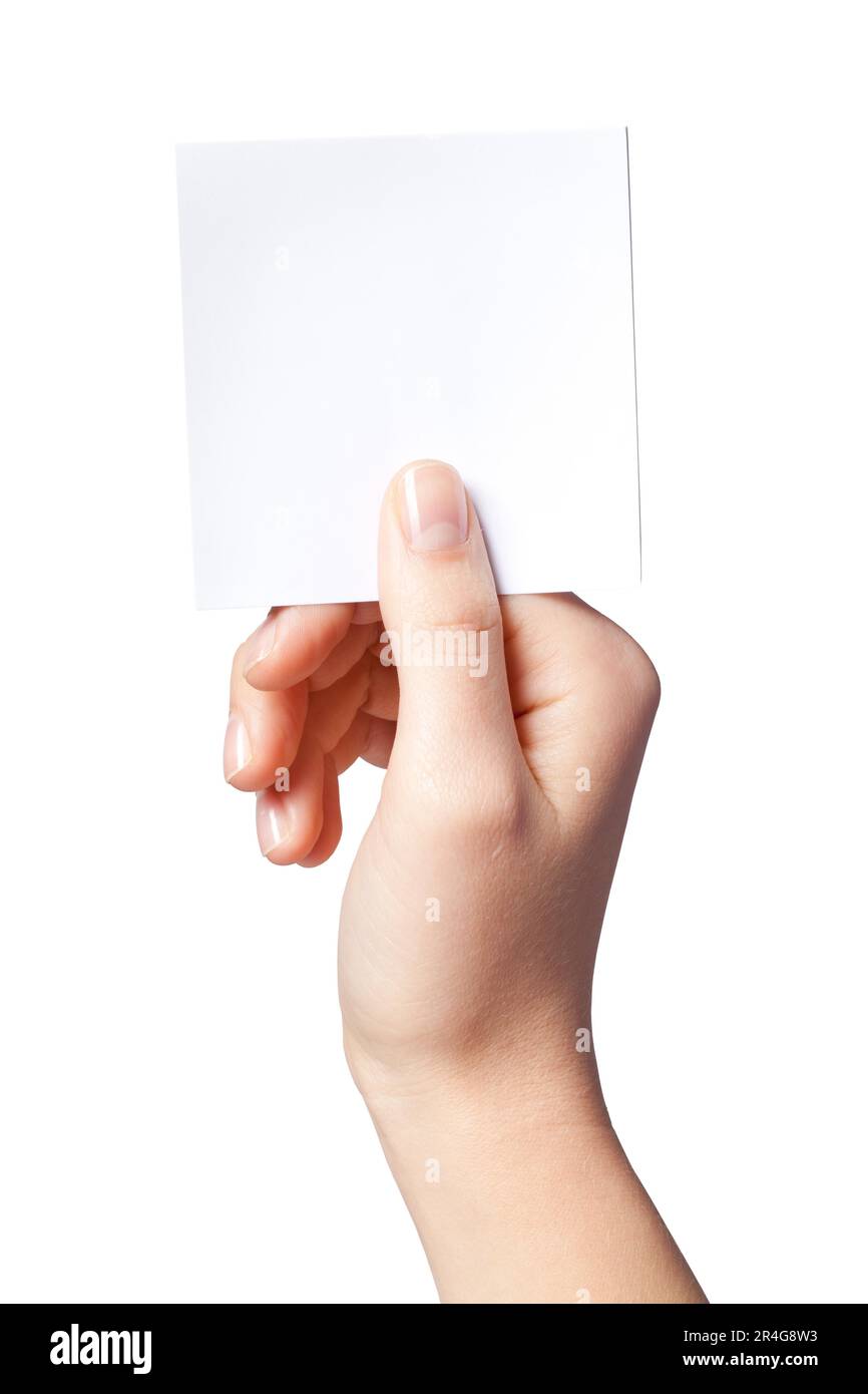 Hand of women holding blank paper label, isolated on white Stock Photo ...