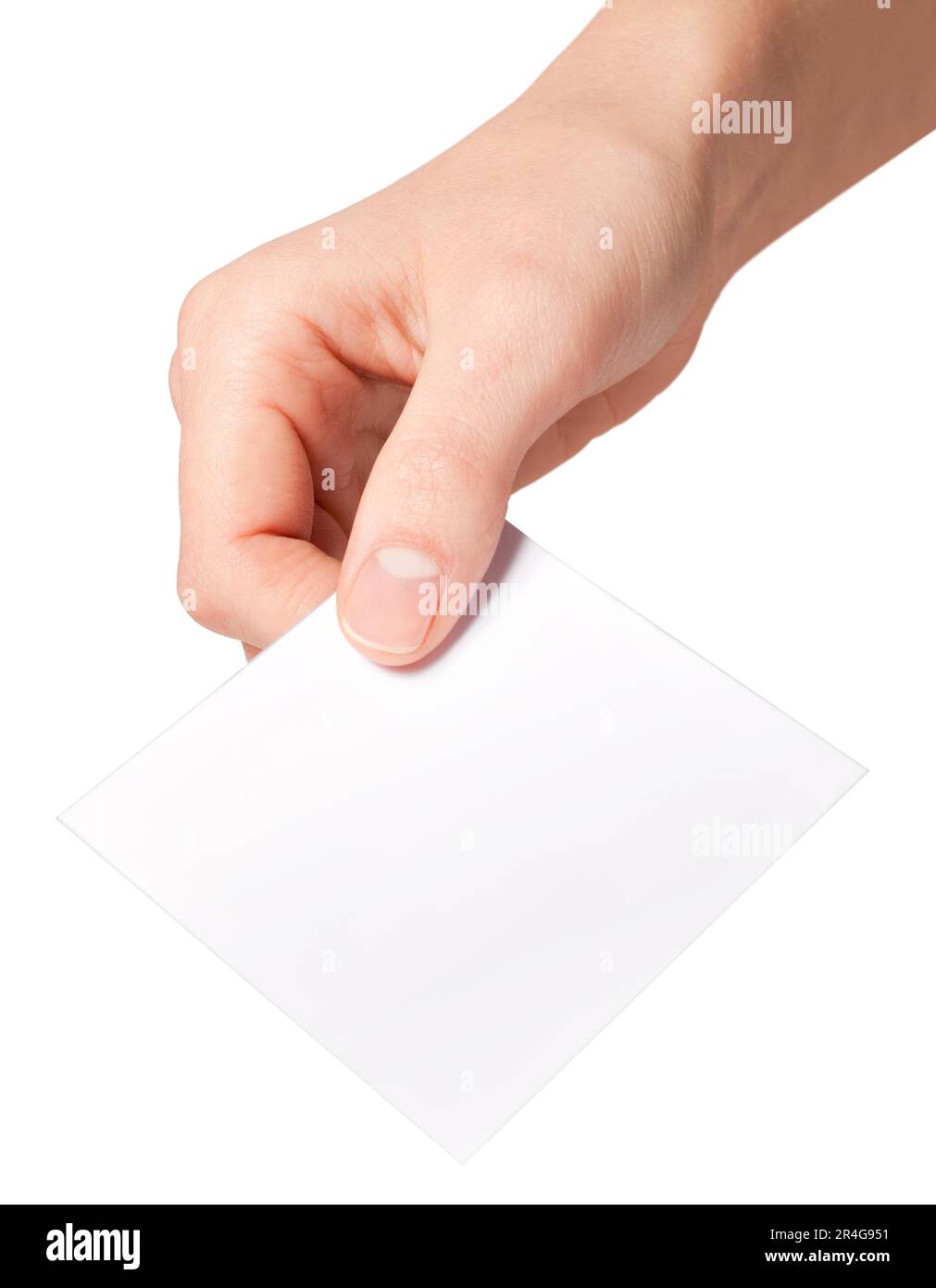 Hand of women holding blank paper label, isolated on white Stock Photo ...