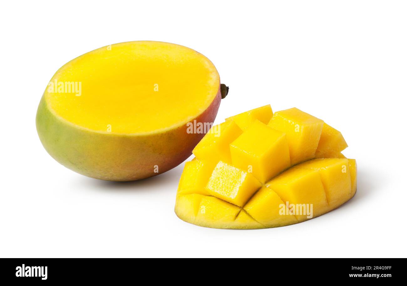 Half cut and whole mango fruits on white background Stock Photo - Alamy