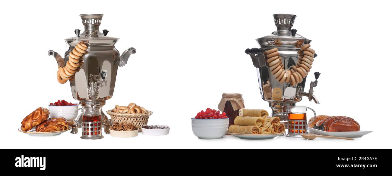Traditional Russian samovars and treats on white background, collage ...