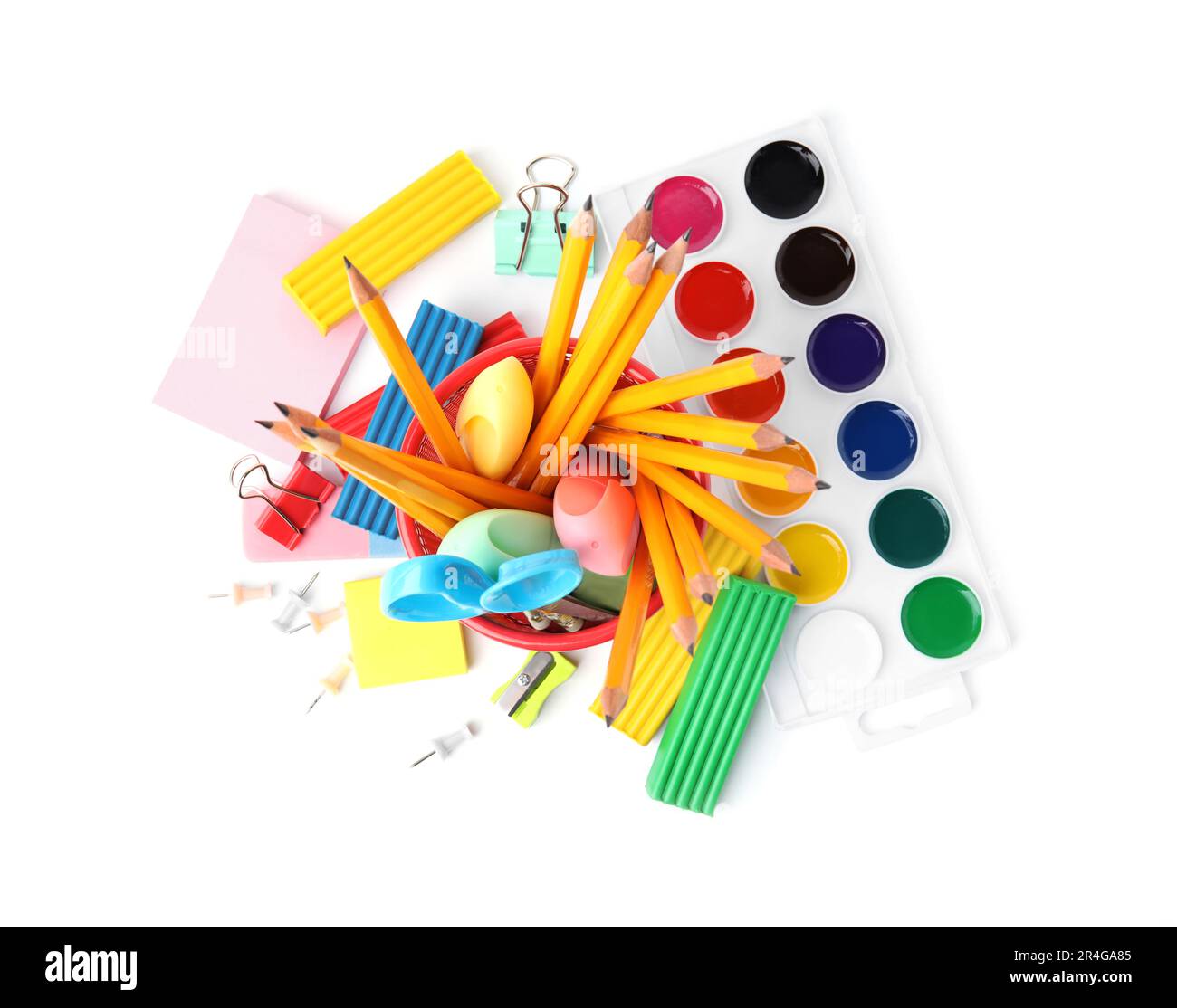 Many different school stationery on white background, top view Stock ...