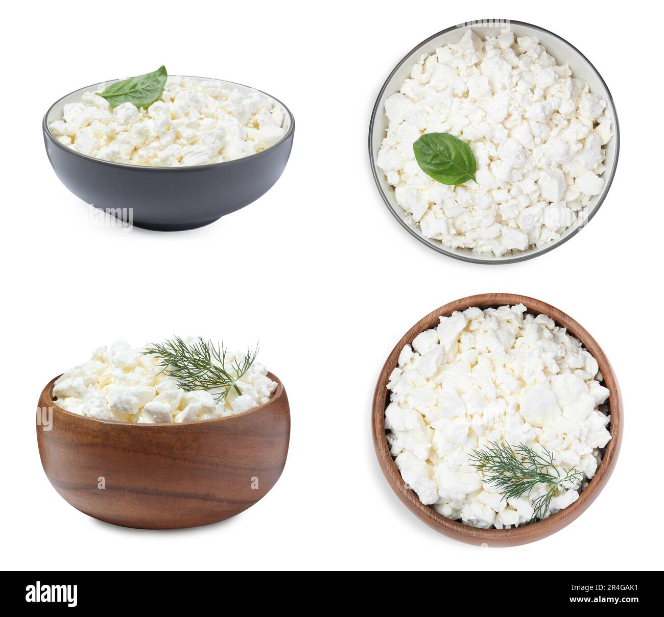 Collage with bowls of tasty cottage cheese on white background, top and ...